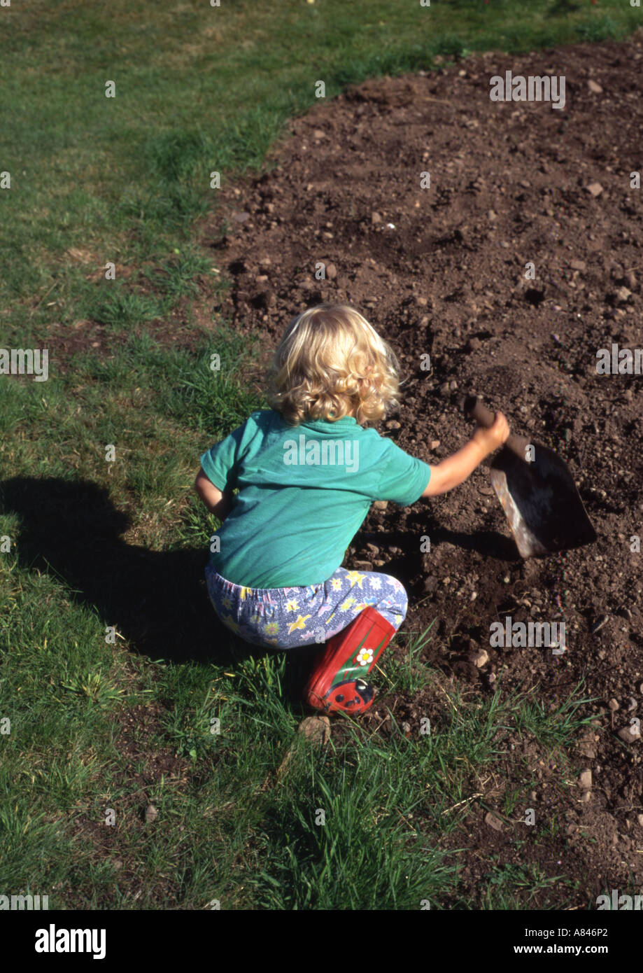 little girl digging hole in garden Stock Photo - Alamy