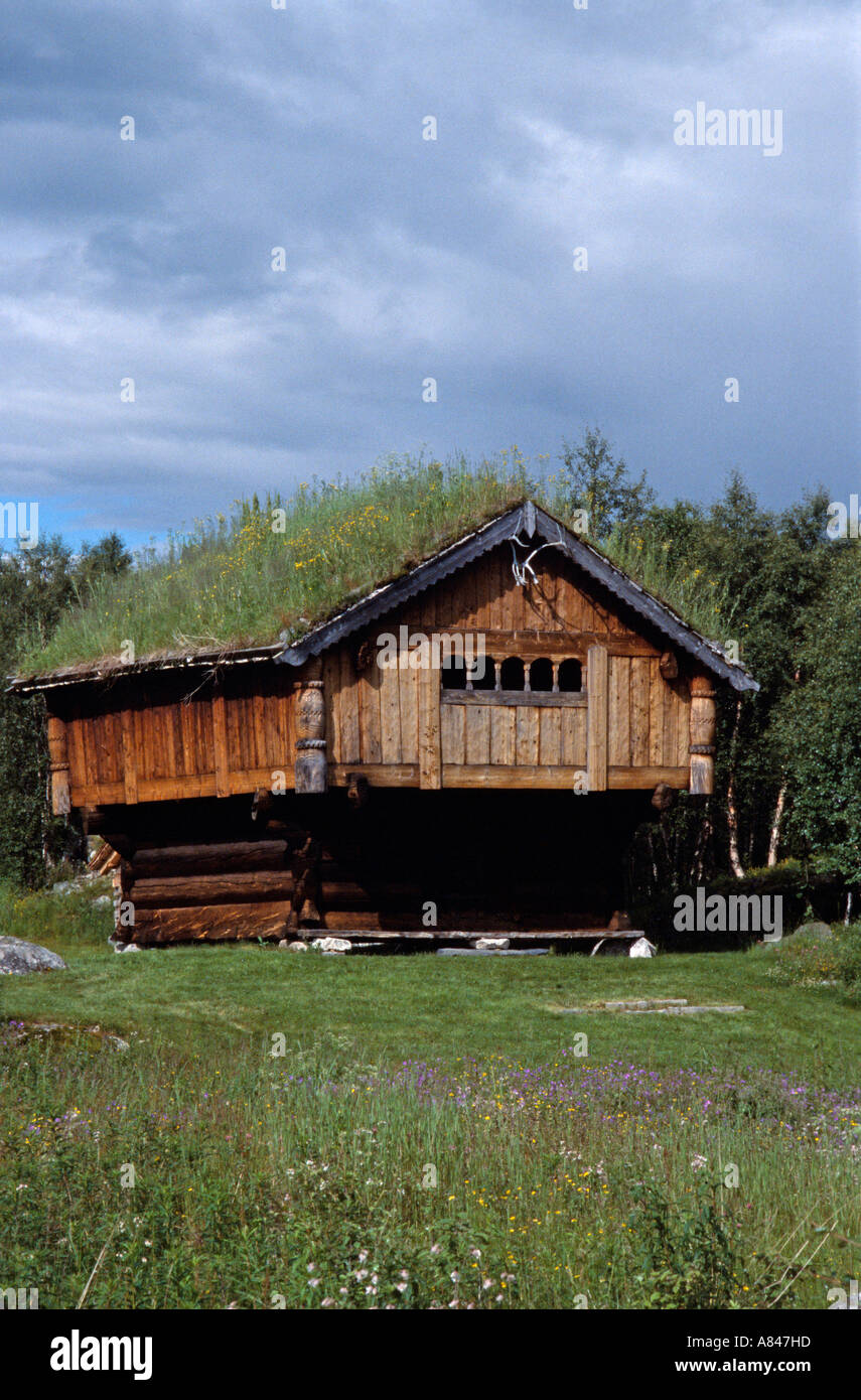 Norway. Grass-roofed STABBUR, old-fashioned food storage house at Byke ...
