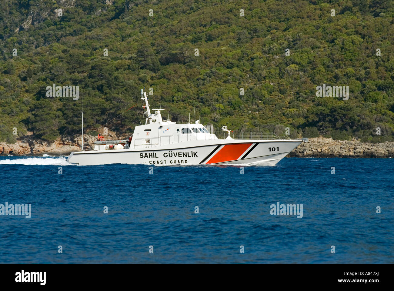Turkish coastguard boat patrolling around Datca Peninsula, Turkey Stock ...