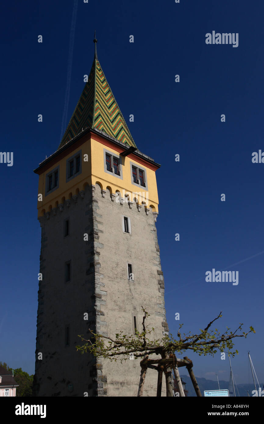 The old lighthouse tower in the town of Lindau on Lake Constance in ...