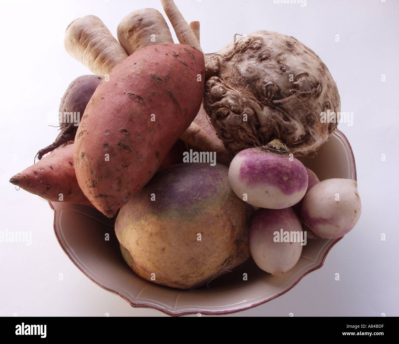Various types of root vegetables in bowl 5 Stock Photo - Alamy