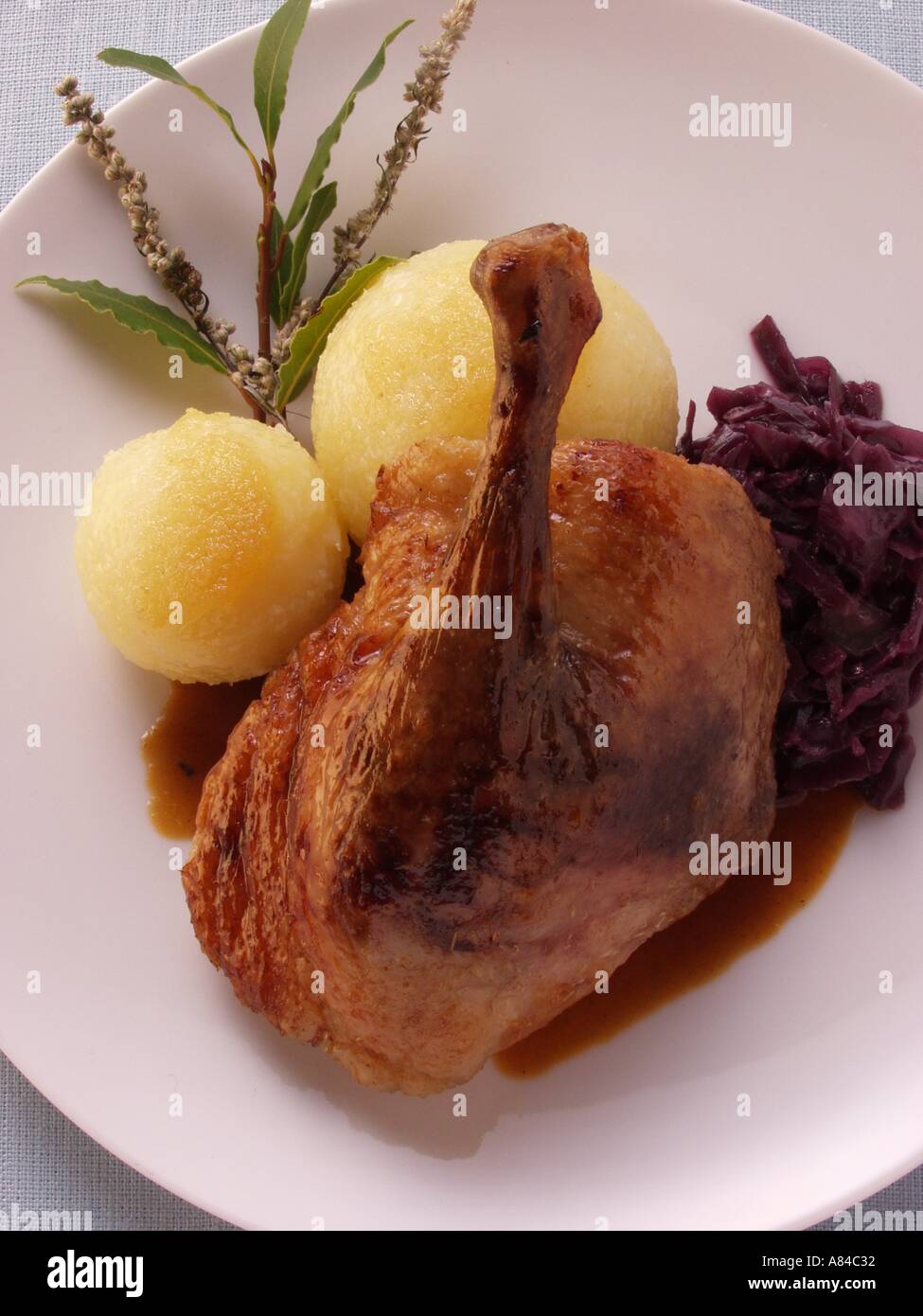 Duck with red cabbage and potato dumplings 2 Stock Photo - Alamy