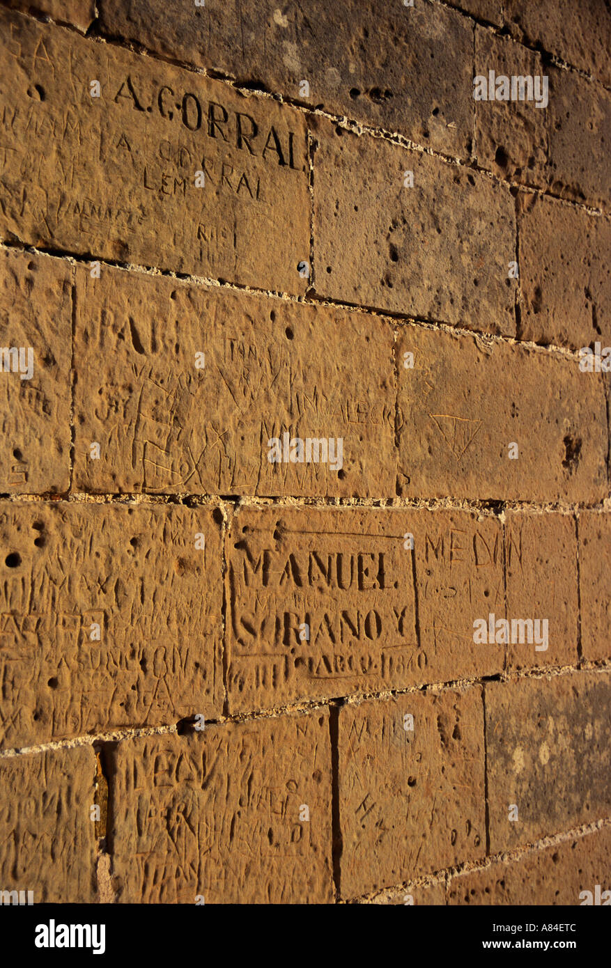 Spain Majorca Palma Names carved into the walls of the Bellver Castle ...