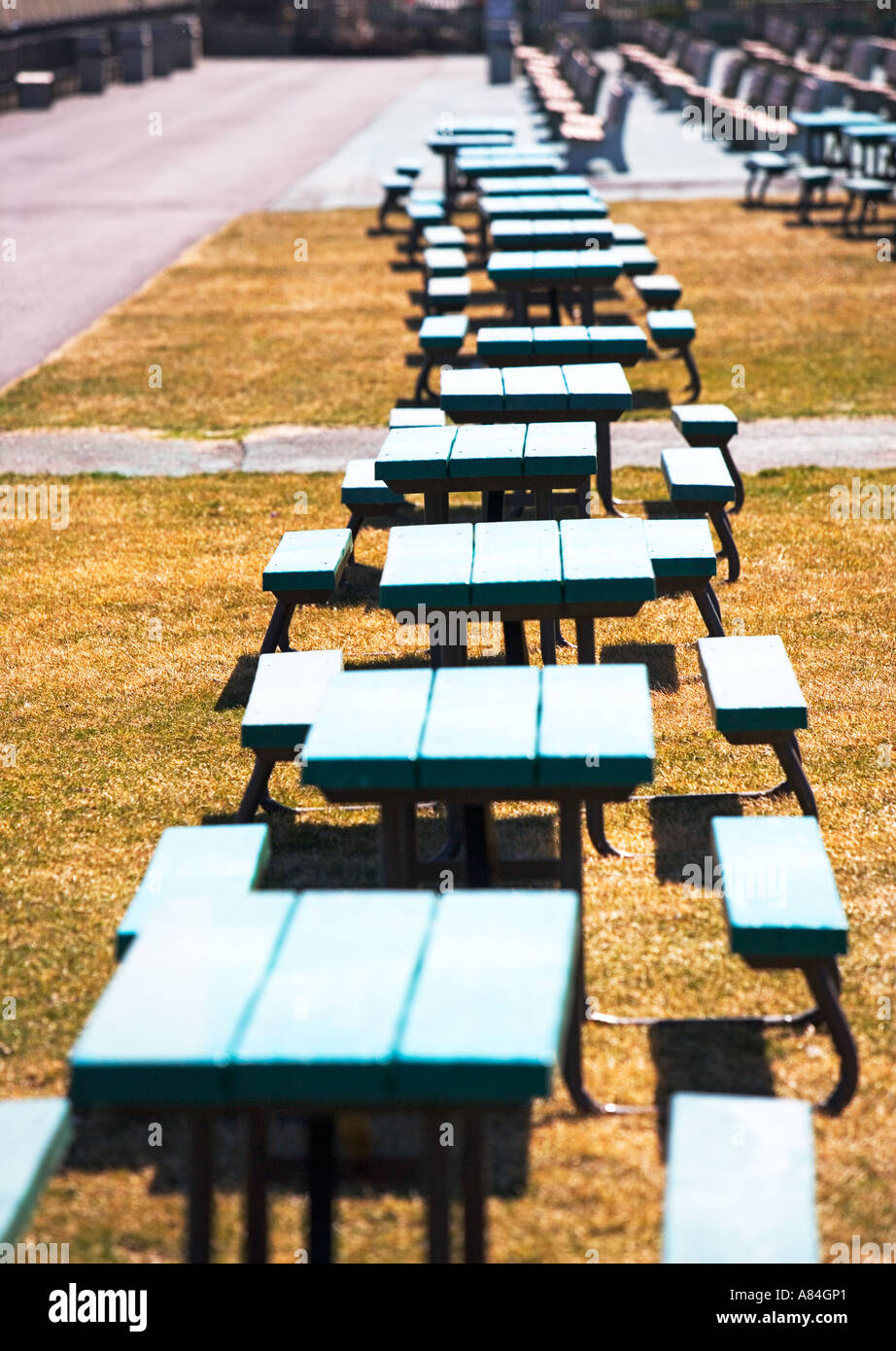 Row wooden picnic tables hi-res stock photography and images - Alamy