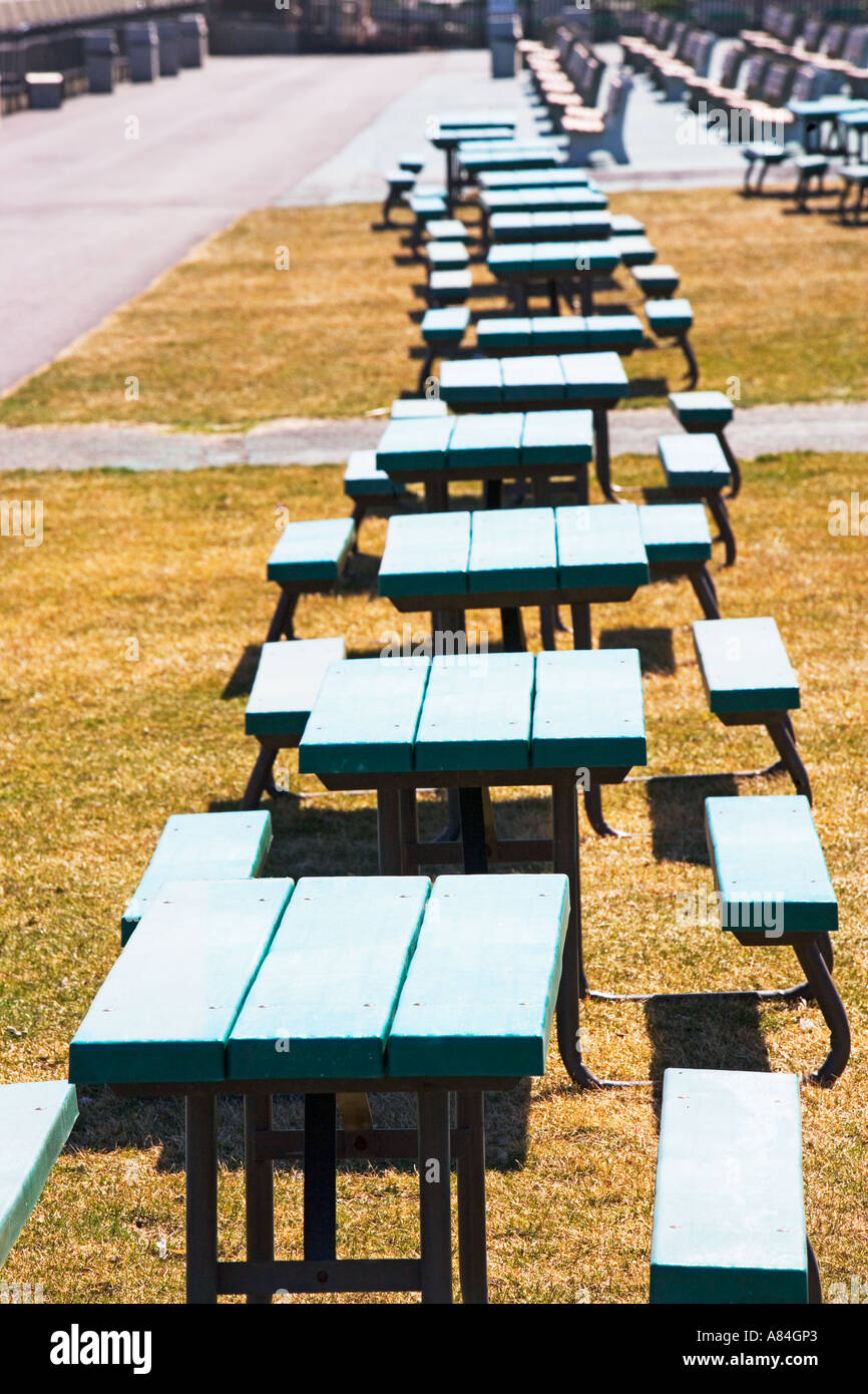Row wooden picnic tables hi-res stock photography and images - Alamy