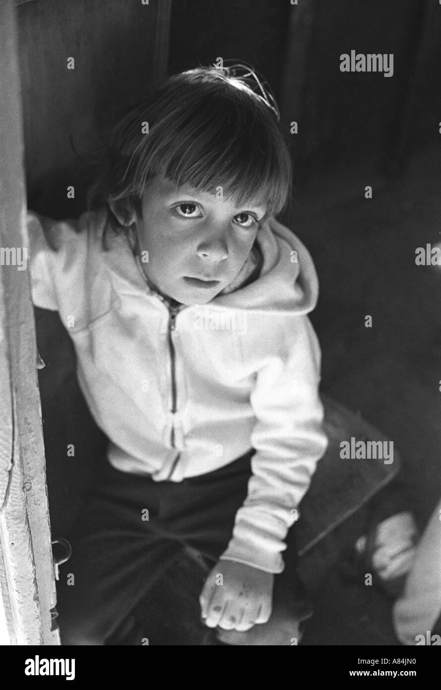Portrait of a sad child at nursery school in Los Angeles California ...
