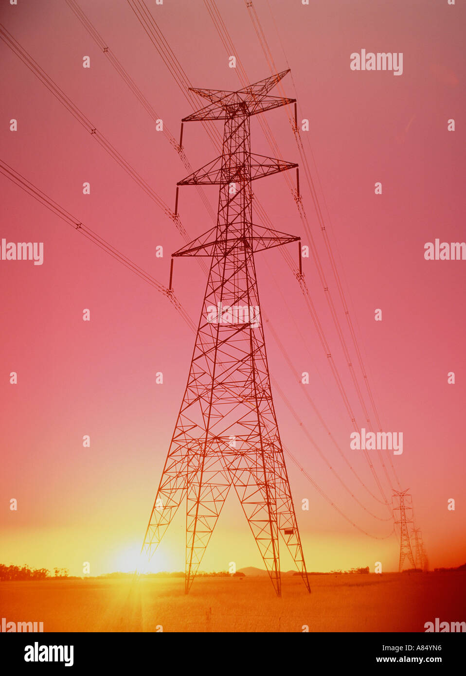 Australia. Victoria. Electricity pylons at sunset Stock Photo - Alamy