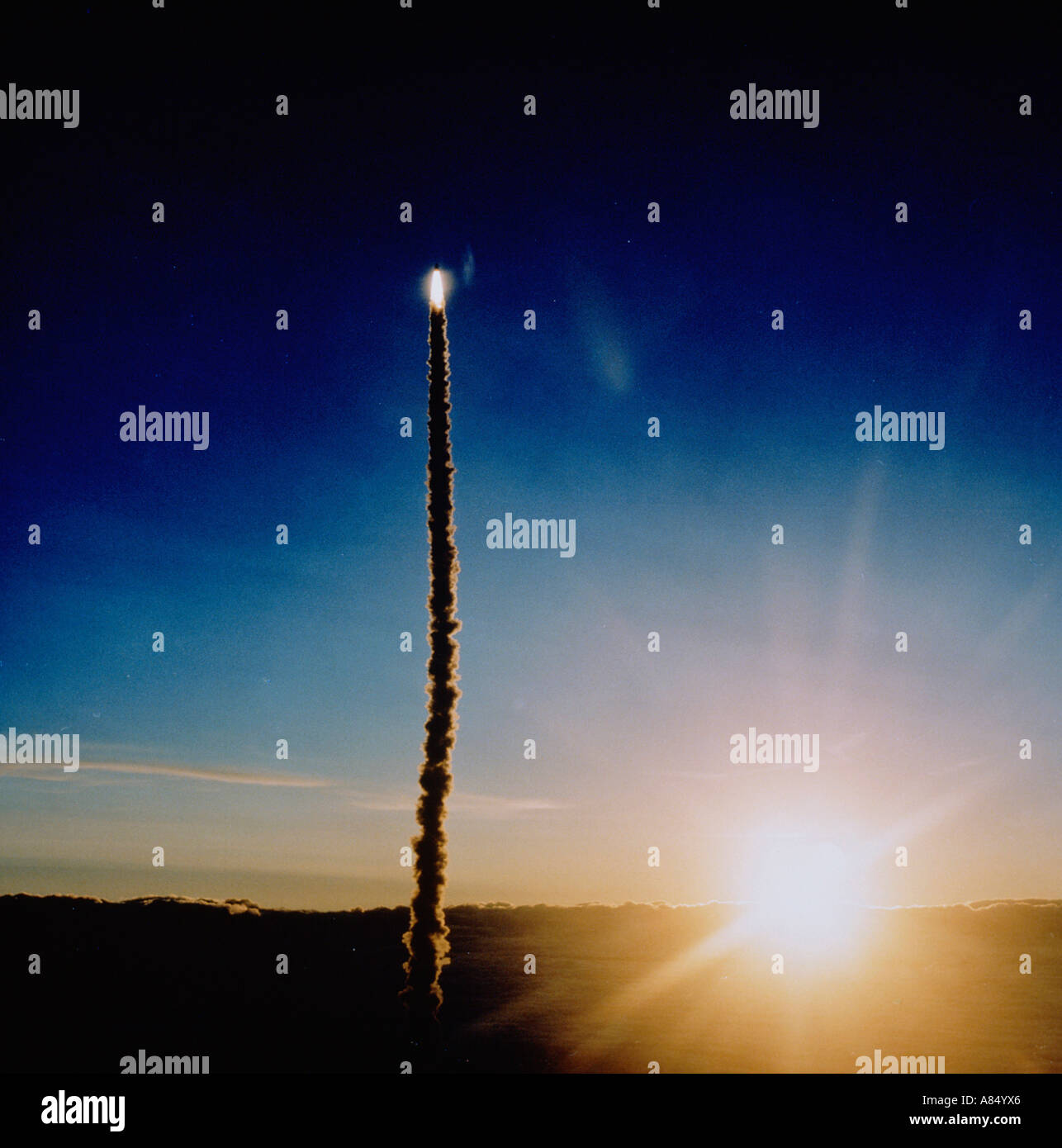 USA. Florida. Kennedy Space Center. Distant skyward view of space ...