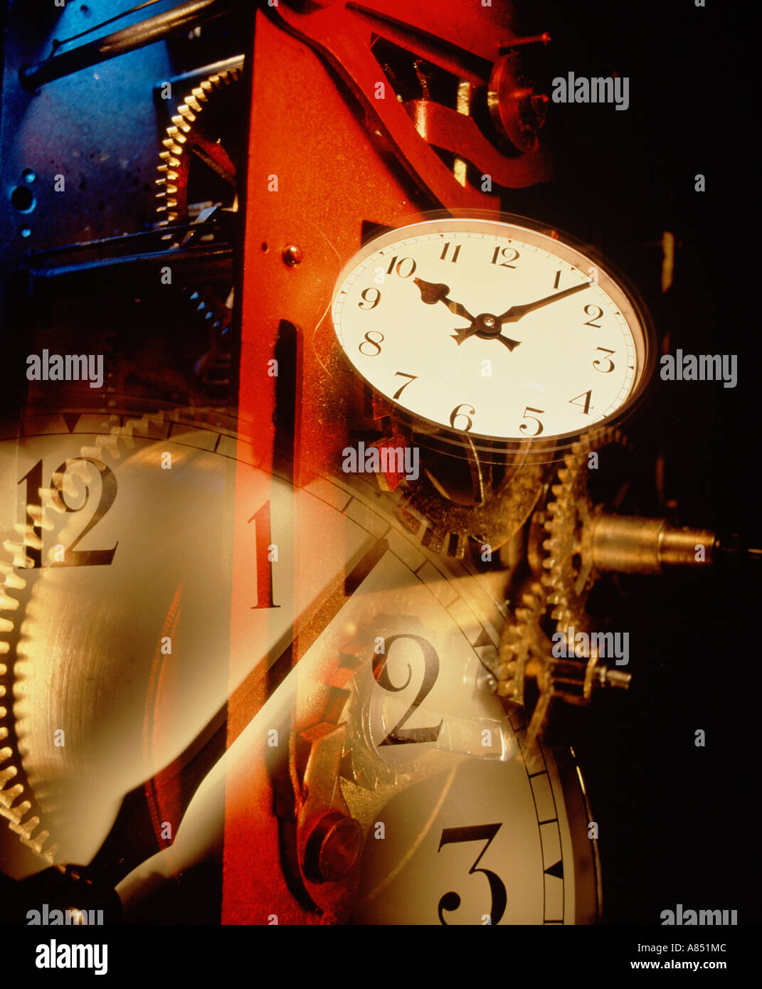 Still life time concept montage of clock mechanism cogs and clock faces ...