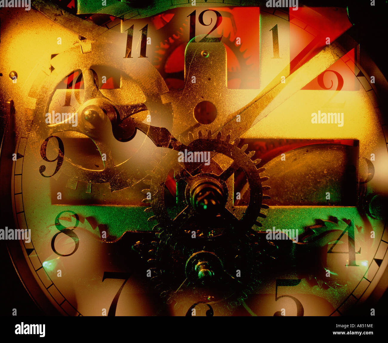 Still life close up montage of clock mechanism cogs and clock face ...