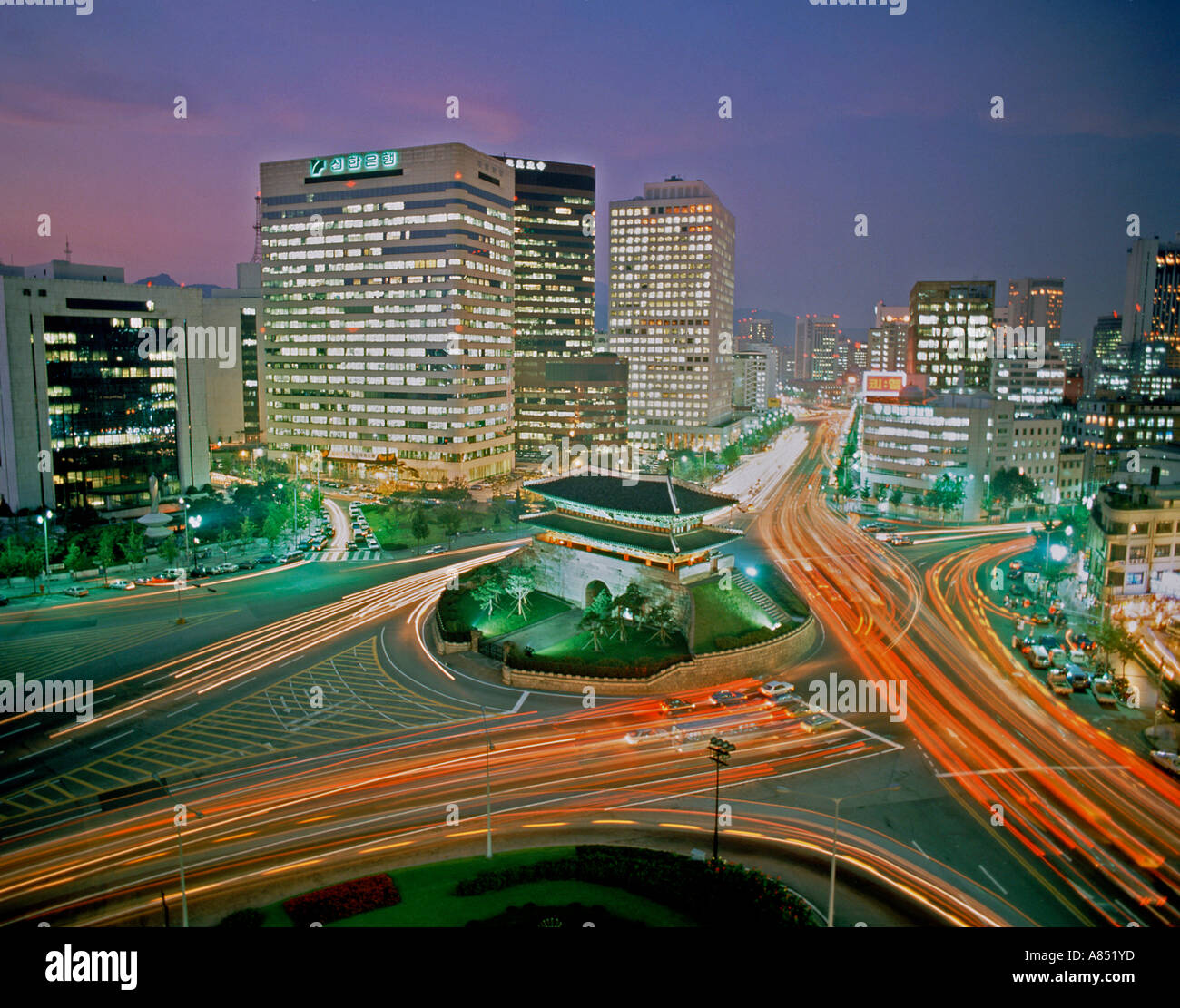 South Korea. Seoul City. Ancient restored South Gate overview at night ...