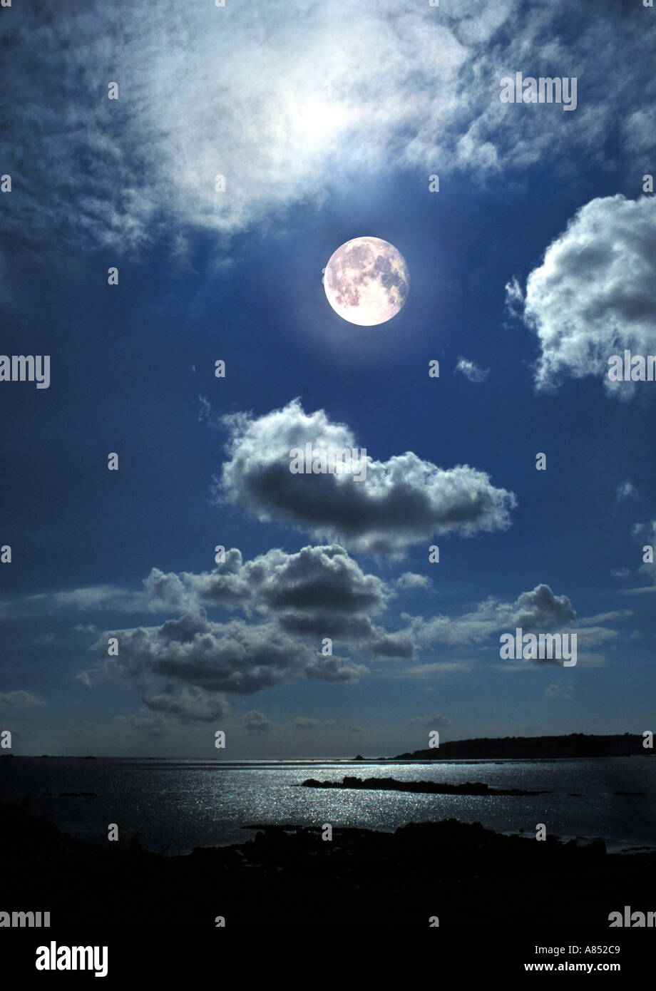 moonlight over Leree Bay Guernsey Channel Islands British Isles Stock ...