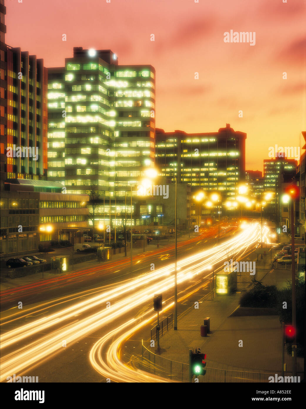 CARDIFF, CAPITAL CITY OF WALES AT NIGHT WITH HIGH RISE BUILDINGS UK ...