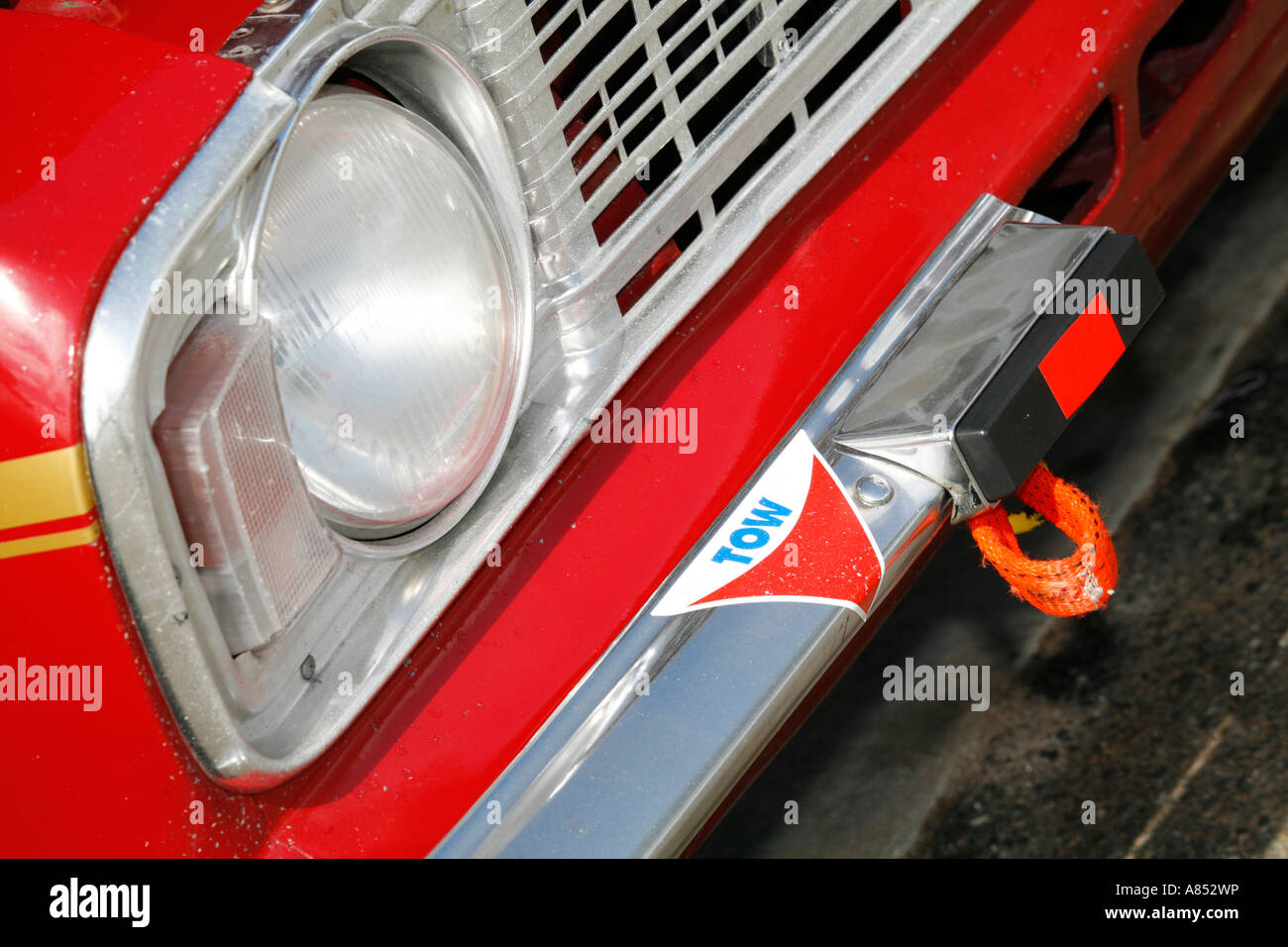 close up of historic race car front end showing tow and rescue point ...