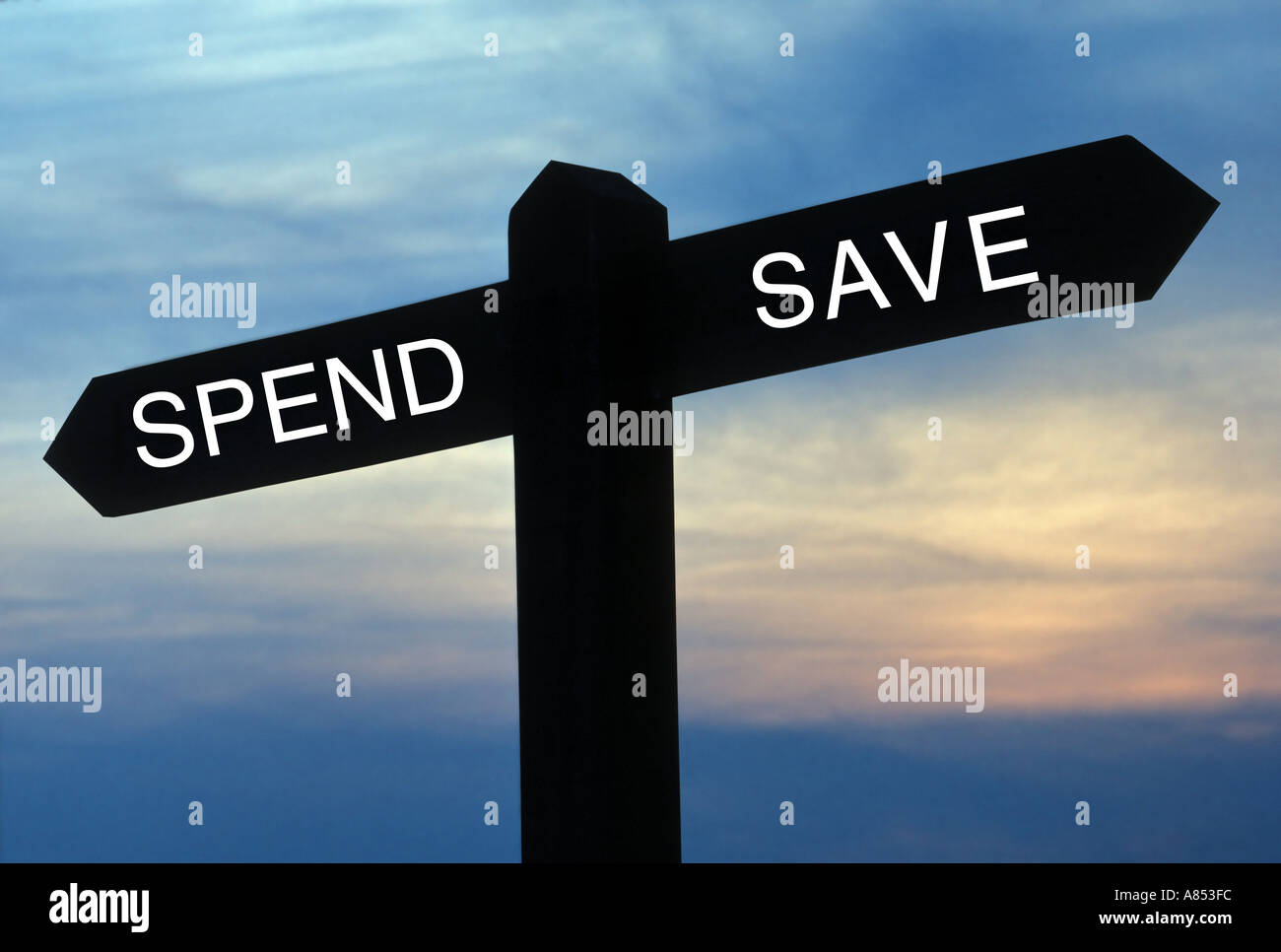 spend and save signpost directions Stock Photo - Alamy