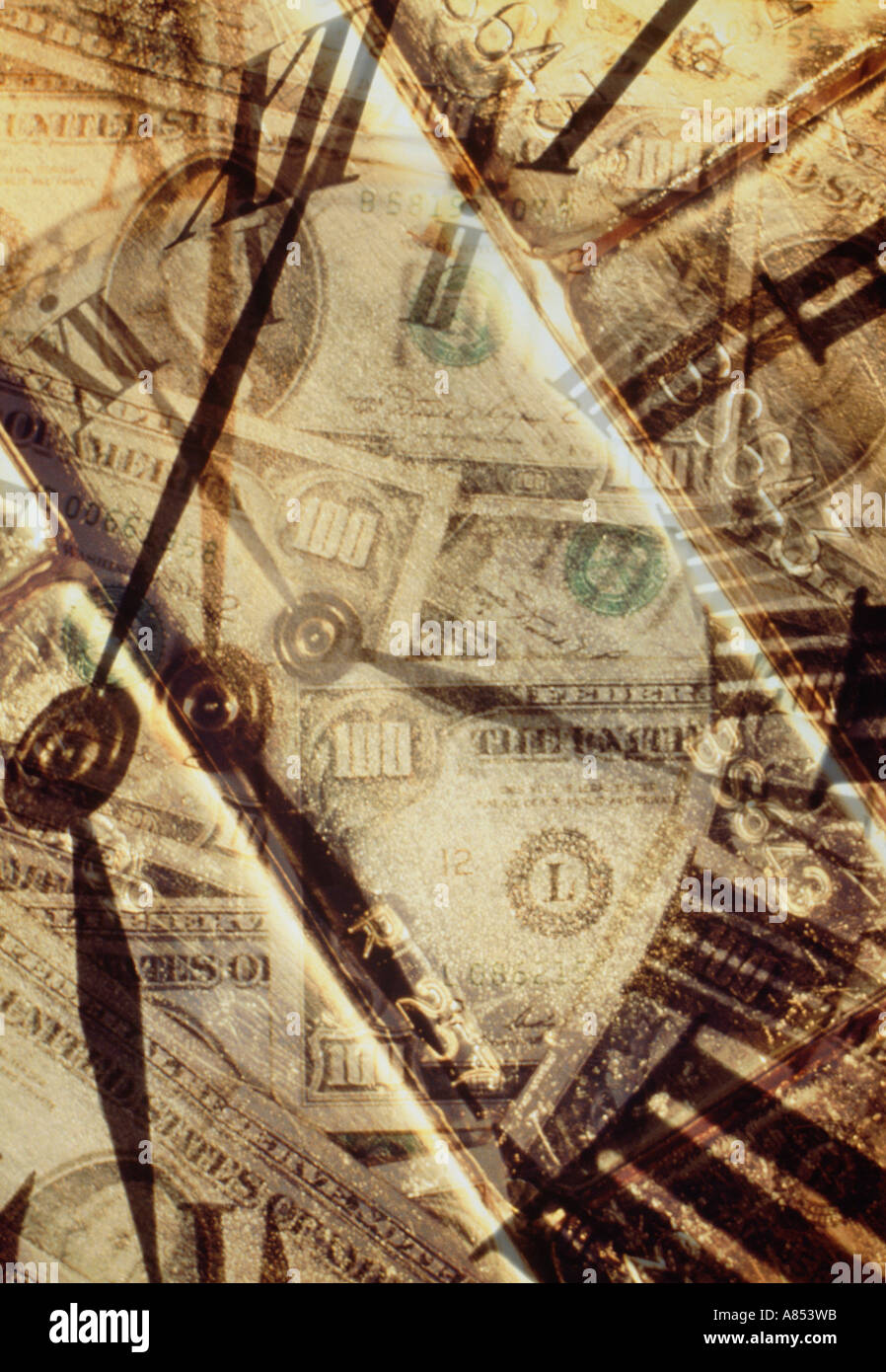 Concept montage image of US 100 dollar currency notes and clock face ...