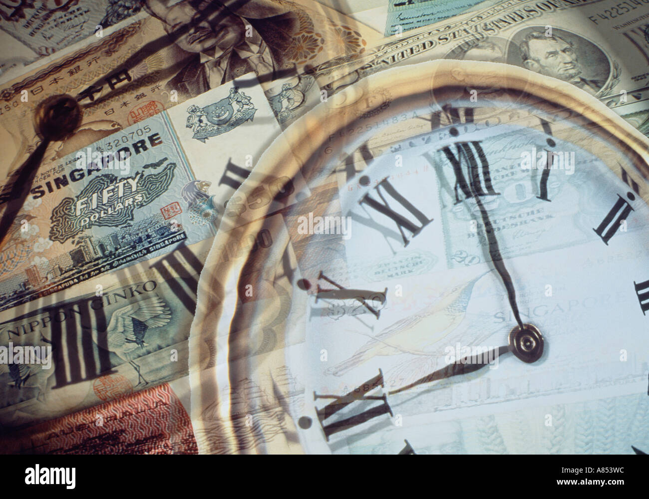 Composite image clock faces and international currency notes Stock ...