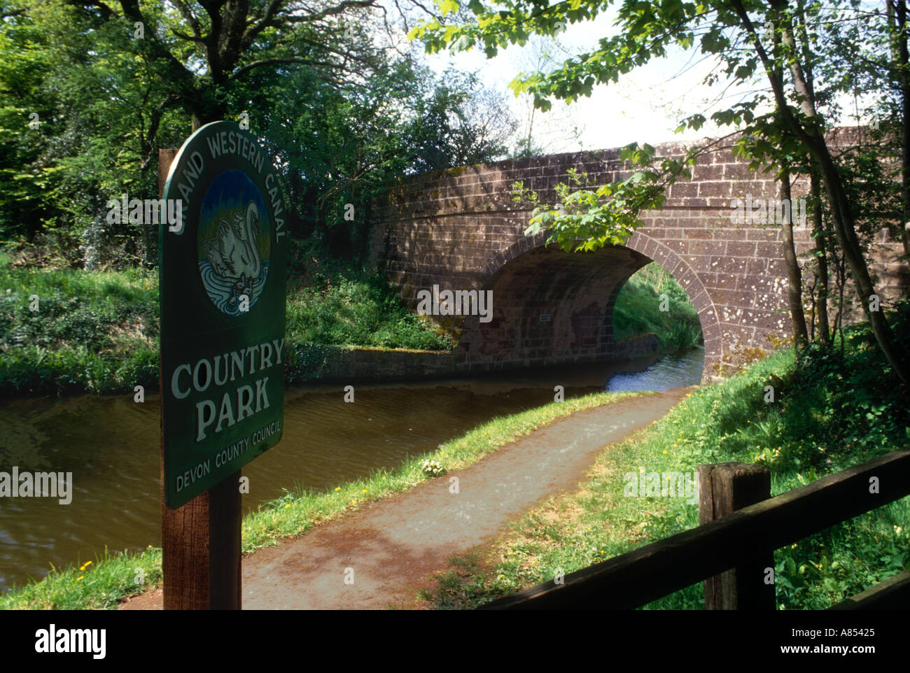 The Grand Western Canal at Manley Bridge near Tiverton in Devon England ...