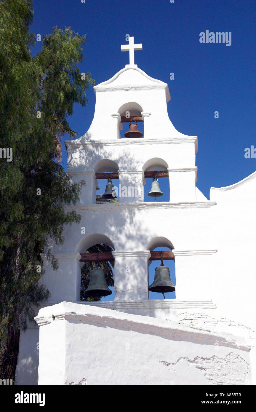 The exterior bell tower of the Mission Basilica San Diego de Alcala ...