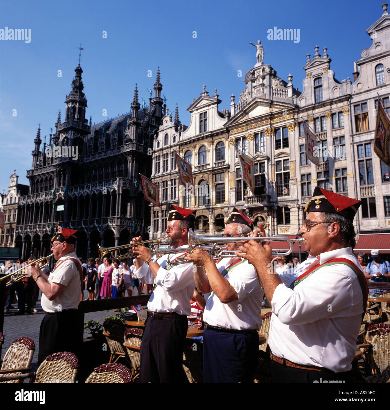 Trumpet players in Grand Place Square Brussels Belgium Stock Photo - Alamy