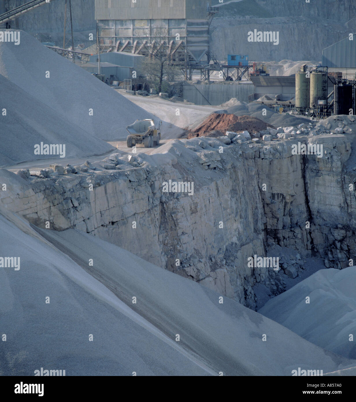 Dumper truck in the stockpile area in a limestone quarry, near Cromford ...