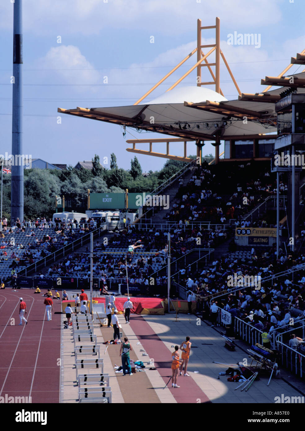 Thousands of people watching an athletics event, Don Valley Stadium ...