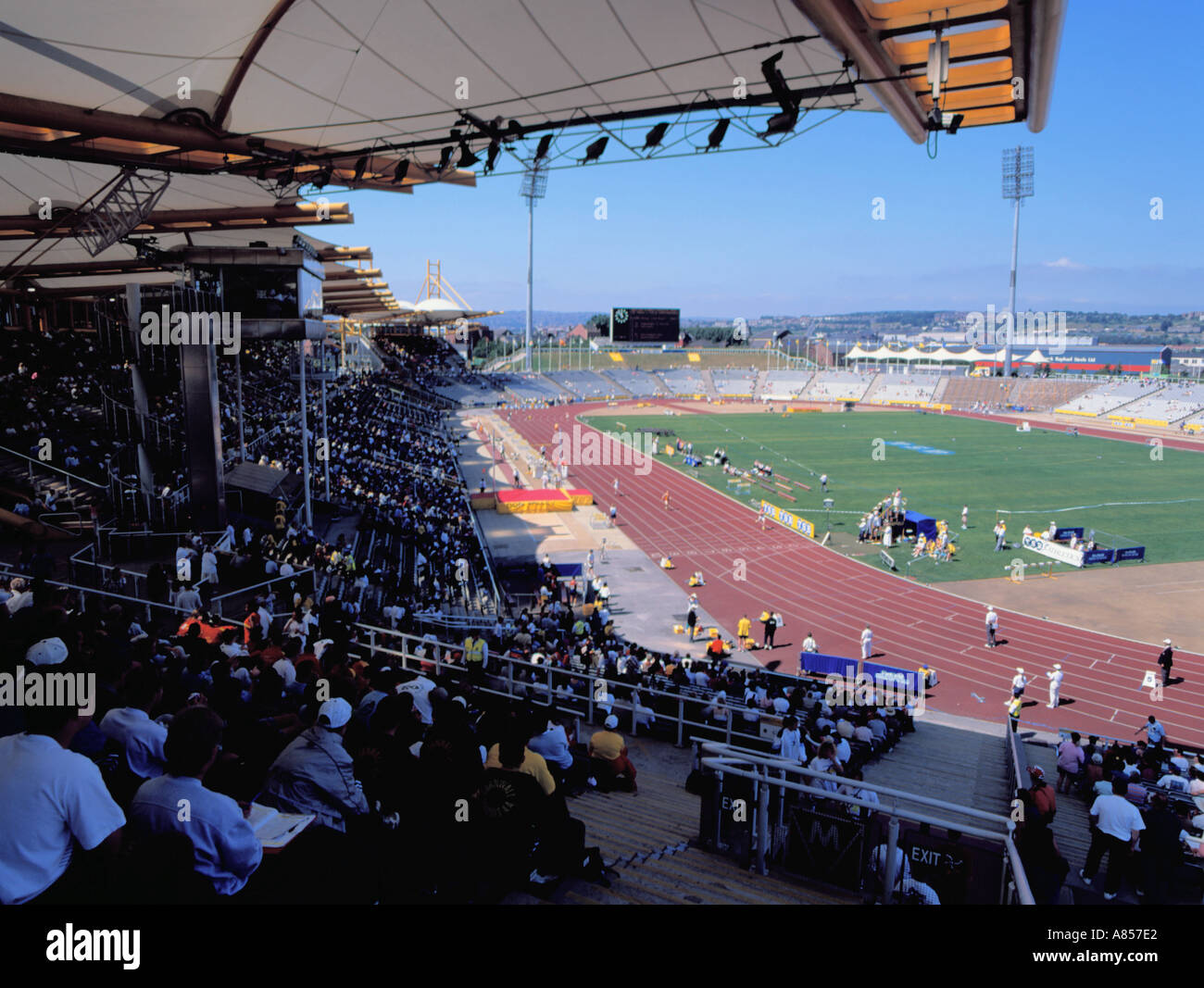 Thousands of people watching an athletics event, Don Valley Stadium ...