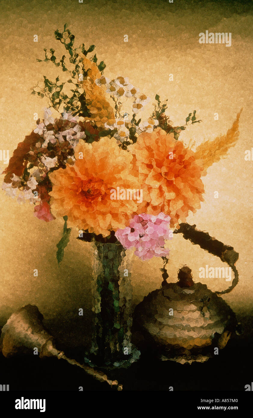 Still-life of flowers in vase with brass objects Stock Photo - Alamy