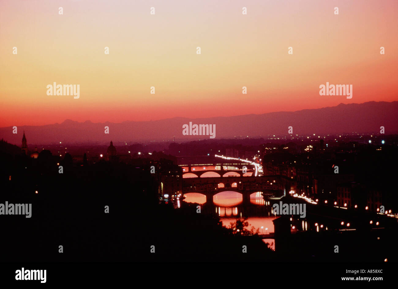 Europe. Italy. Florence. View of city with Ponte Vecchio bridge. Fiume ...