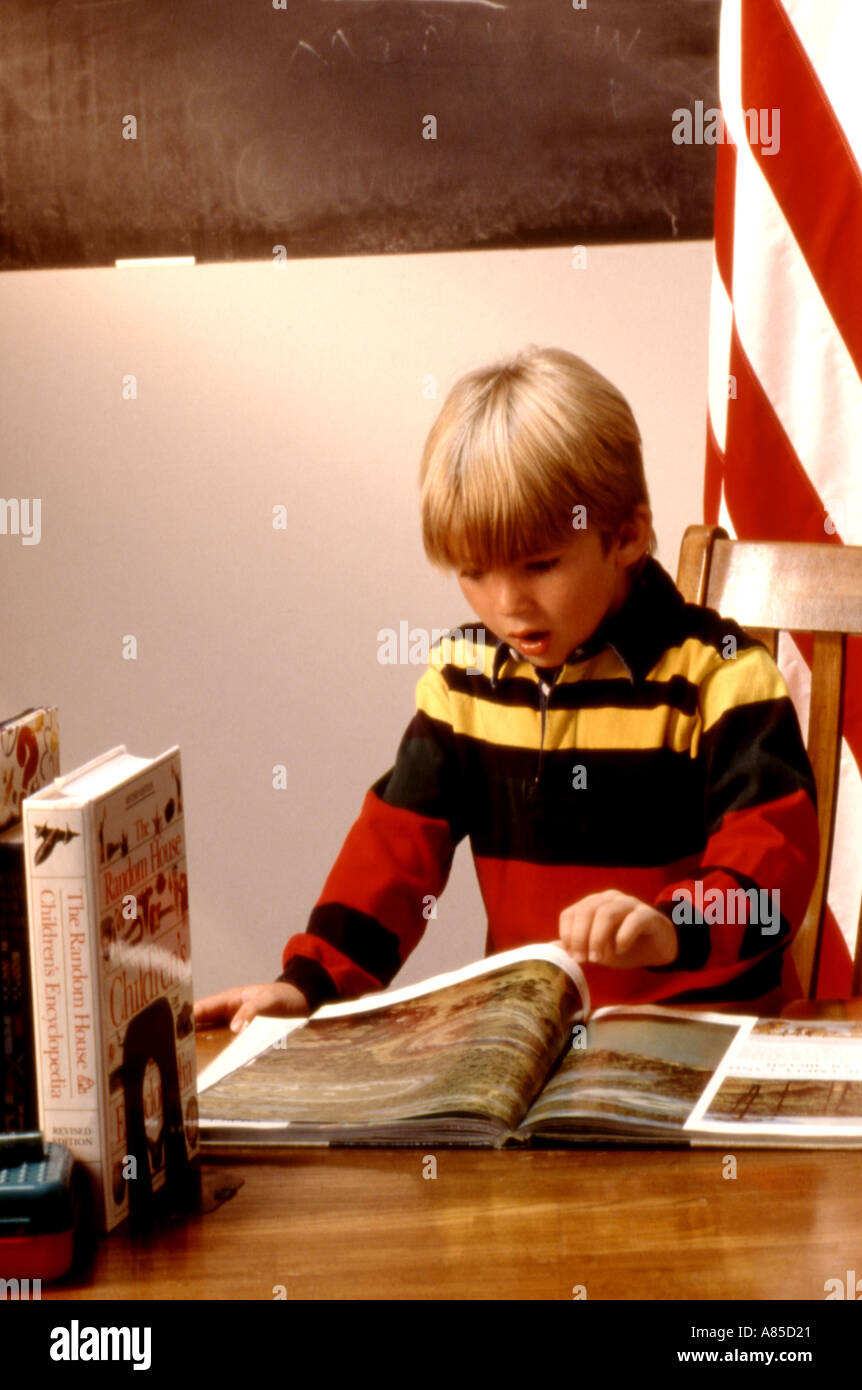 Elementary school student reading textbook in classroom Stock Photo - Alamy