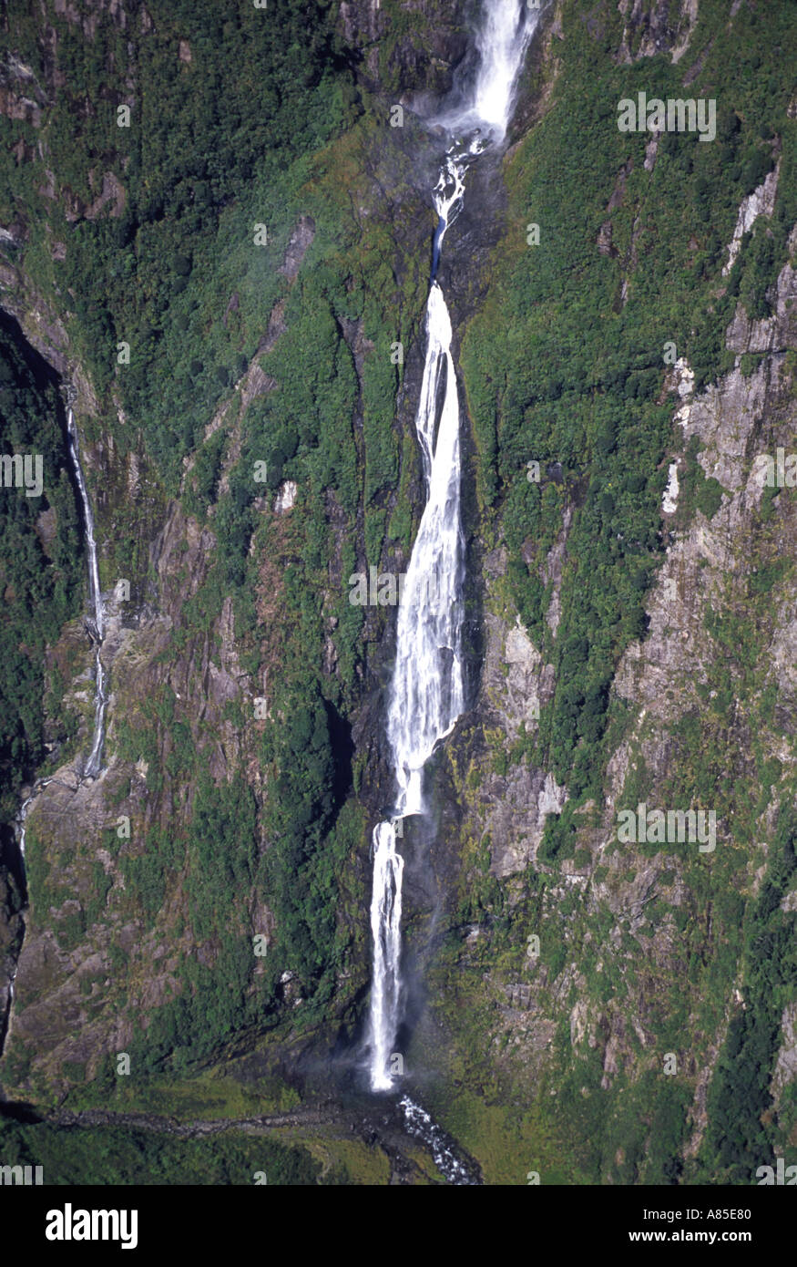 Sutherland Falls dropping 580m from Lake Quill Fiordland National Park ...