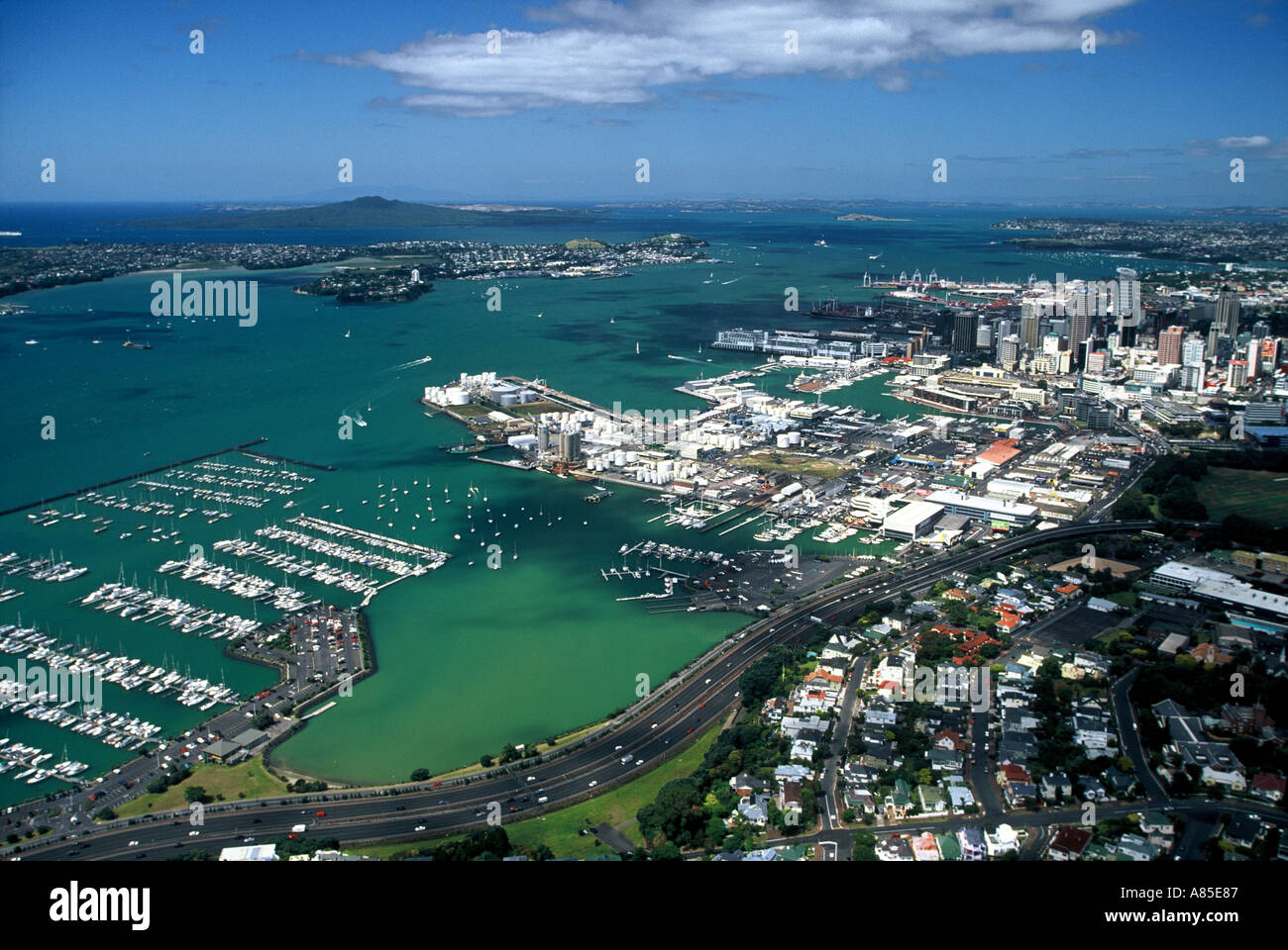 Westhaven Marina Waitemata Harbour waterfront motorway and Auckland ...