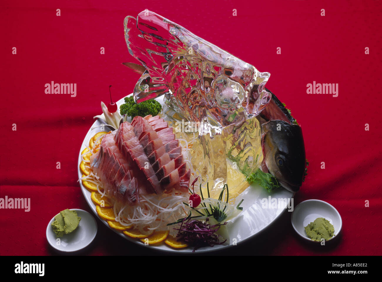 Sushi with ice carving decoration Stock Photo - Alamy