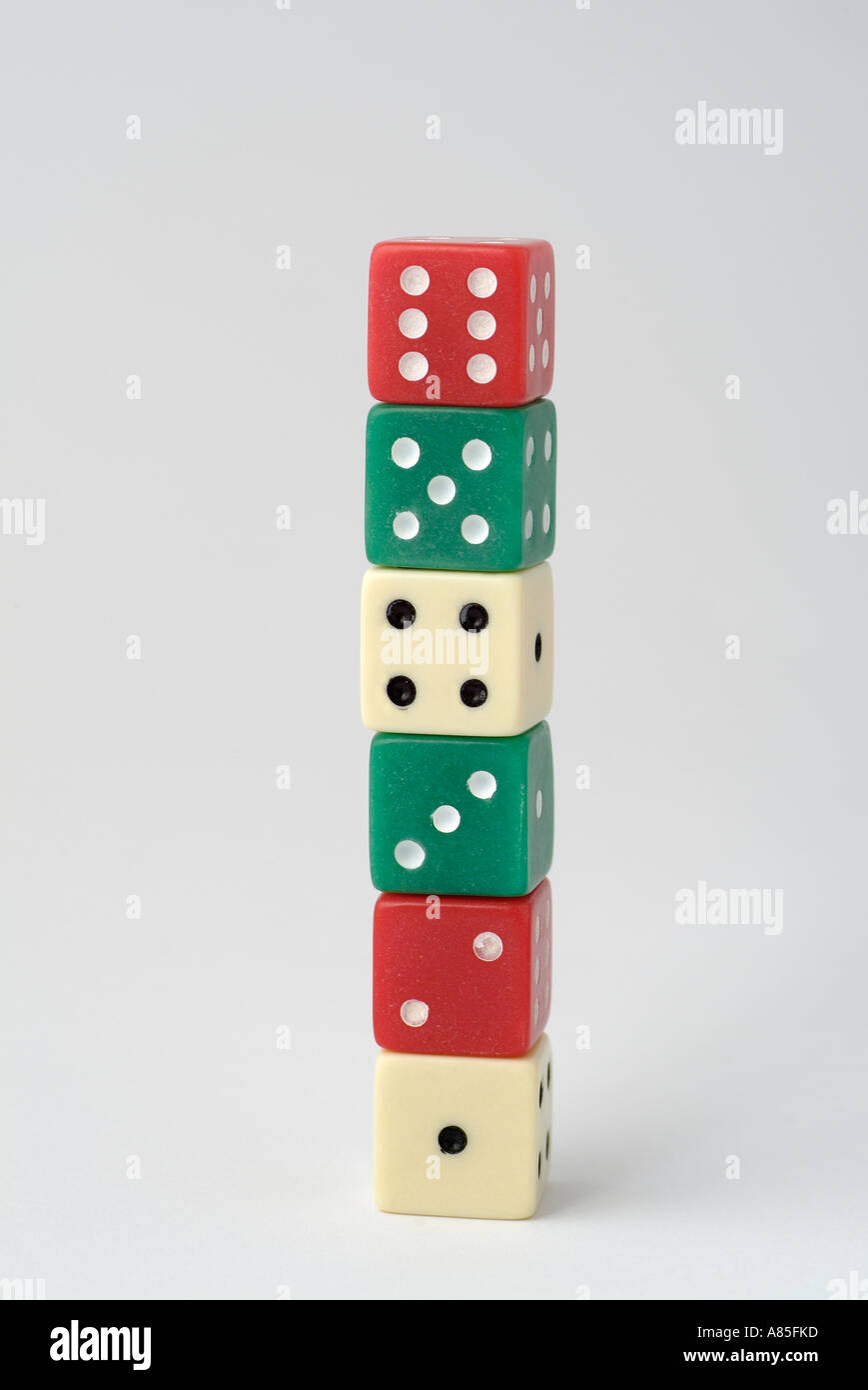 Colourful Dice Stacked Showing Numbers One To Six Stock Photo - Alamy