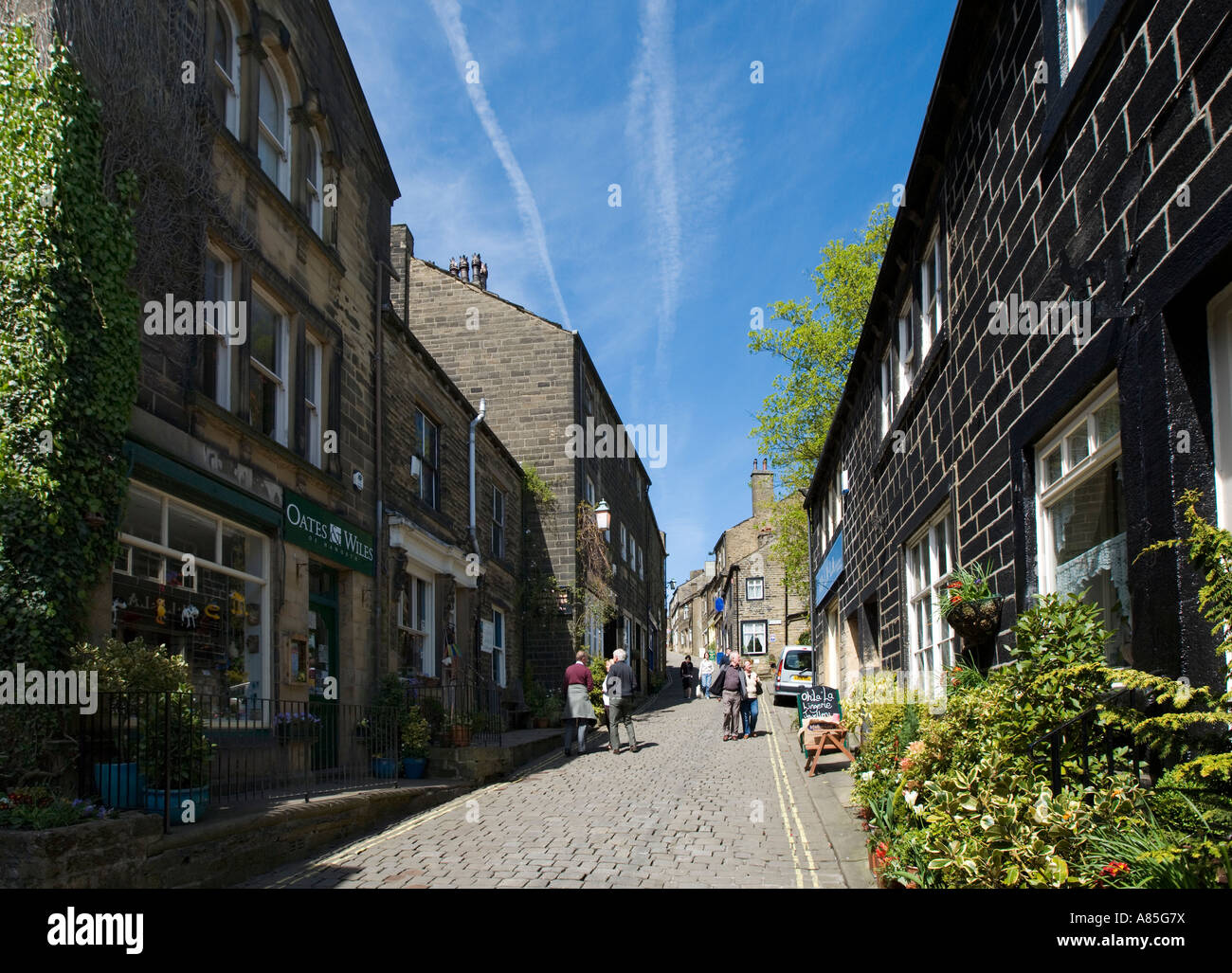 Main Street in the village centre, Haworth, West Yorkshire, England, UK ...