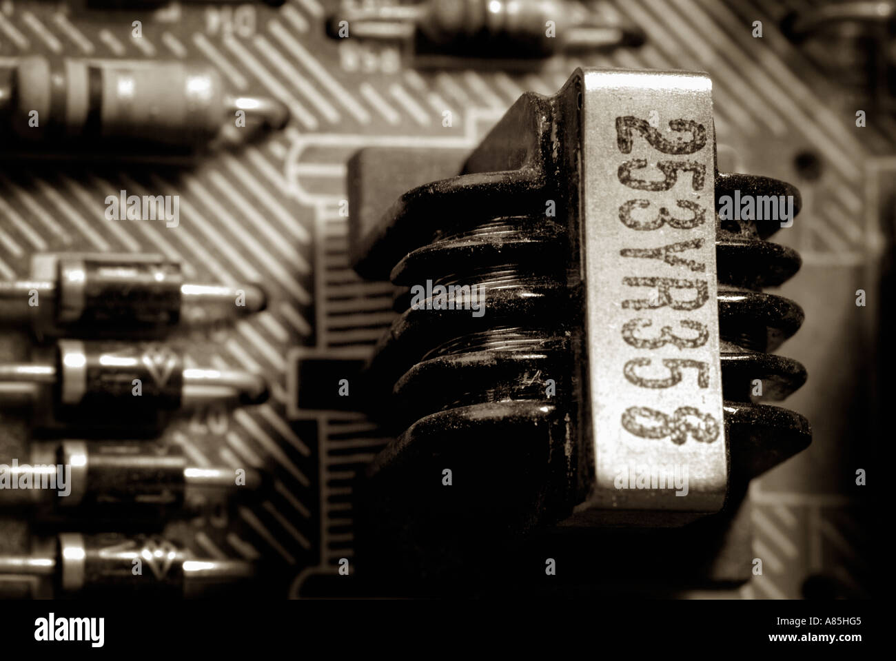 Transformer and Various Electronic Components on a Circuit Board Stock ...