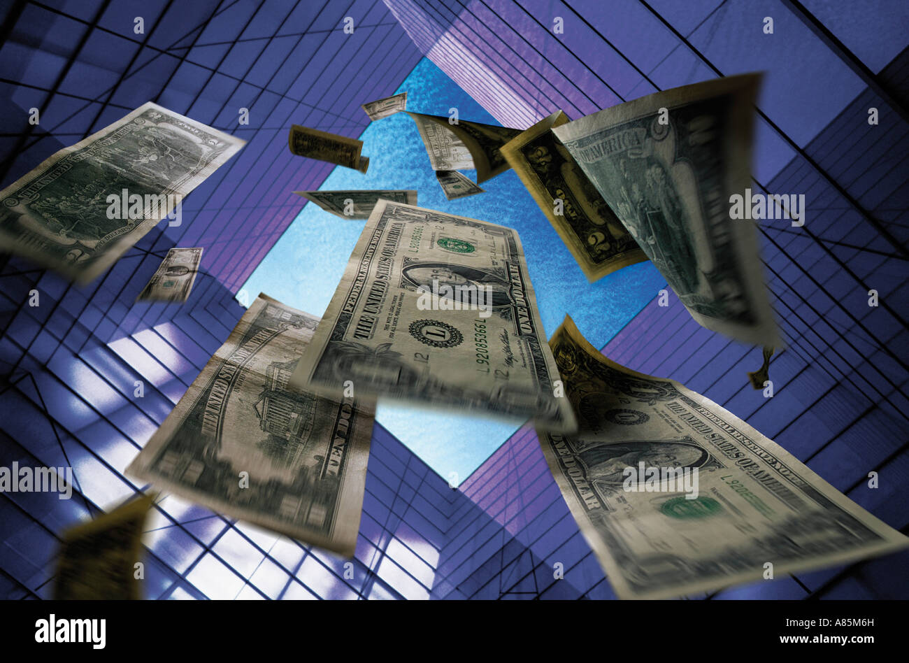 DOLLARS BANKNOTES FLOATING FROM BUSINESS SKYSCRAPER Stock Photo - Alamy