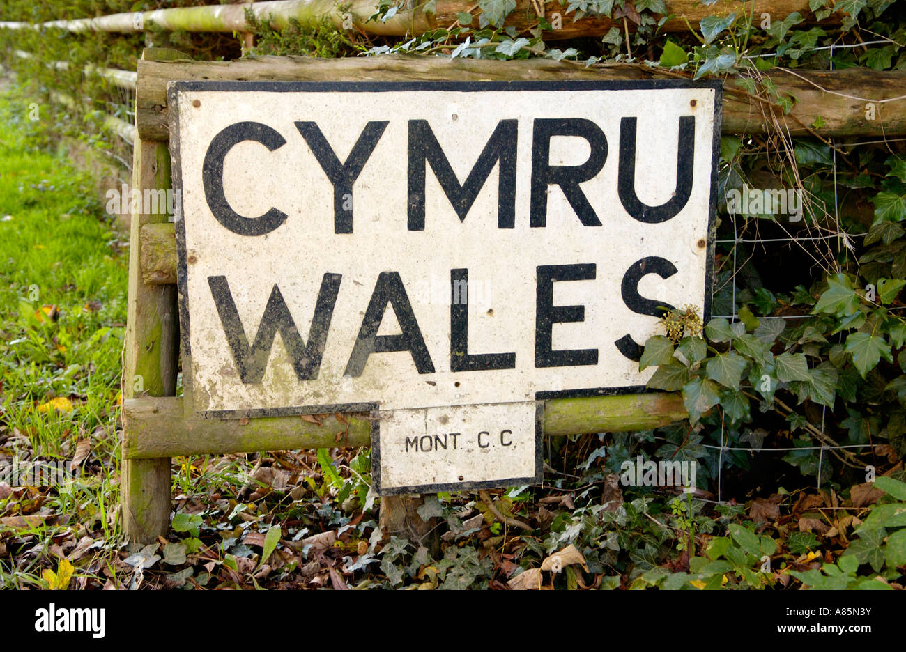 CYMRU WALES sign on the border with England near Bacheldre Watermill ...