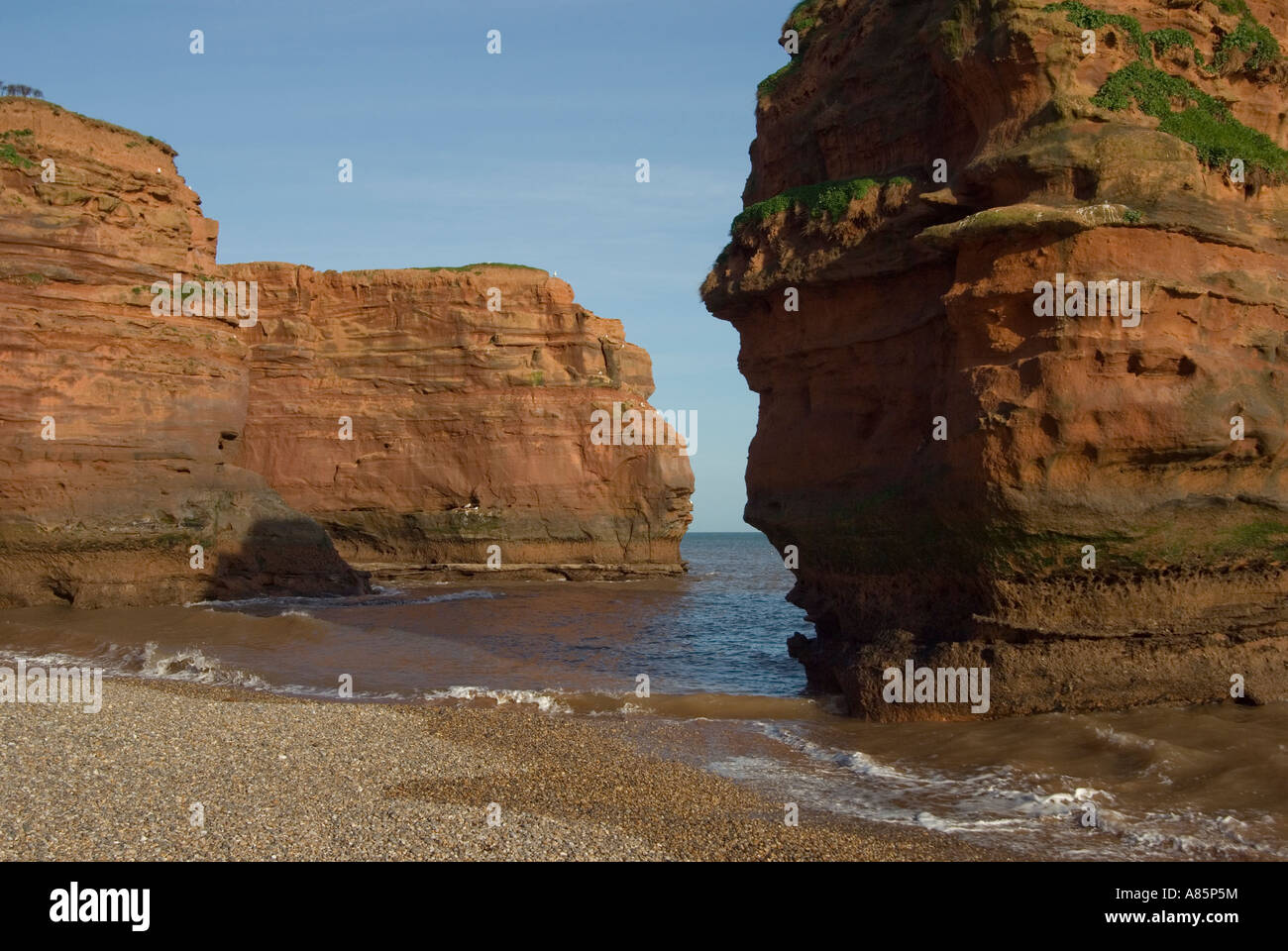 Red rock stacks at Ladram bay, Devon March 2007 Stock Photo - Alamy
