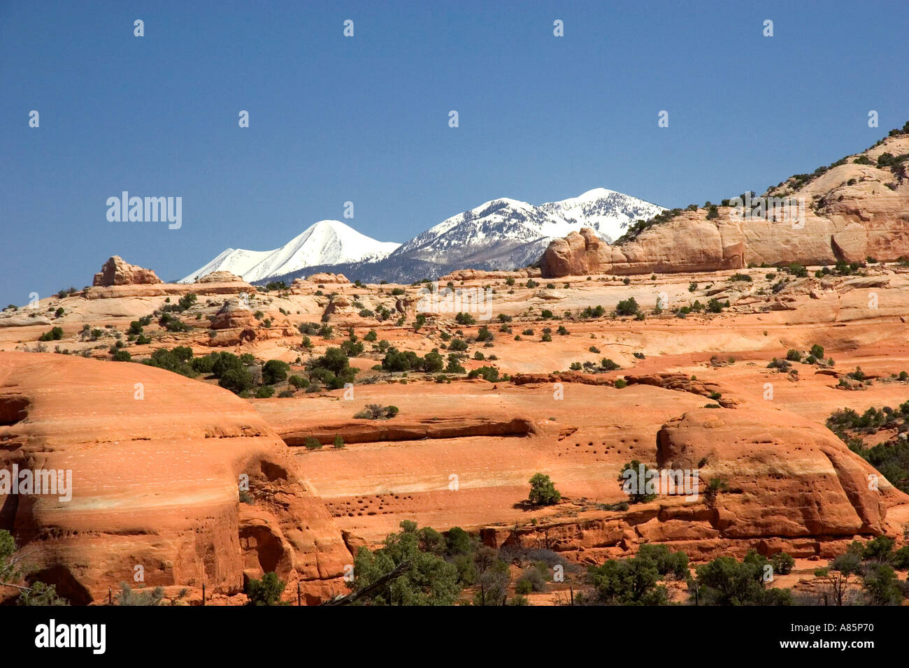 A view of snowy La Sal mountains and sandstone along US highway 191 ...