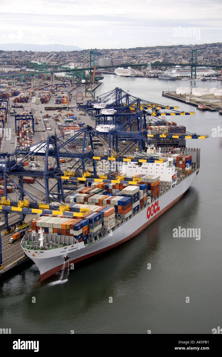 Containers being unloaded from a ship at the Port of Long Beach in Los ...