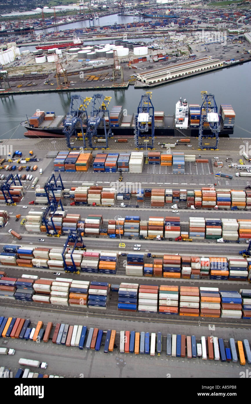 Containers being unloaded from a ship at the Port of Long Beach in Los ...