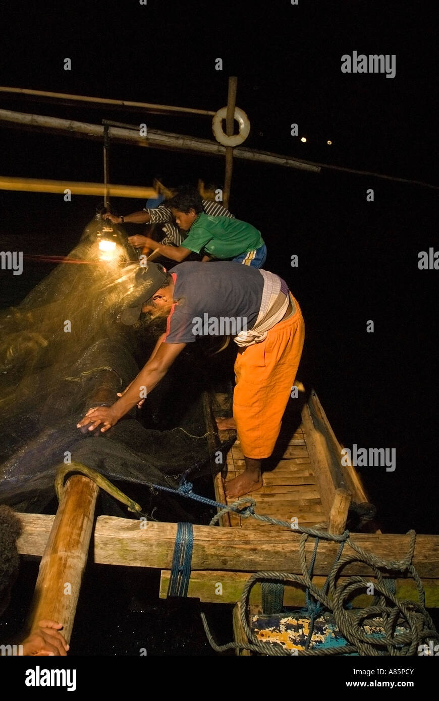 Butonese fishermen fishing at night small silversides in Kabui Bay ...