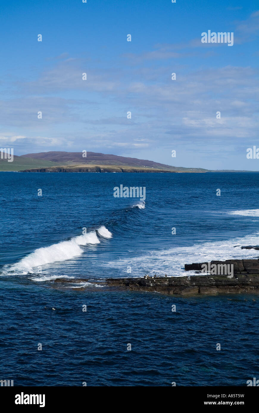 dh Eynhallow Sound EVIE ORKNEY Rolling waves ashore seacliff rocks blue ...