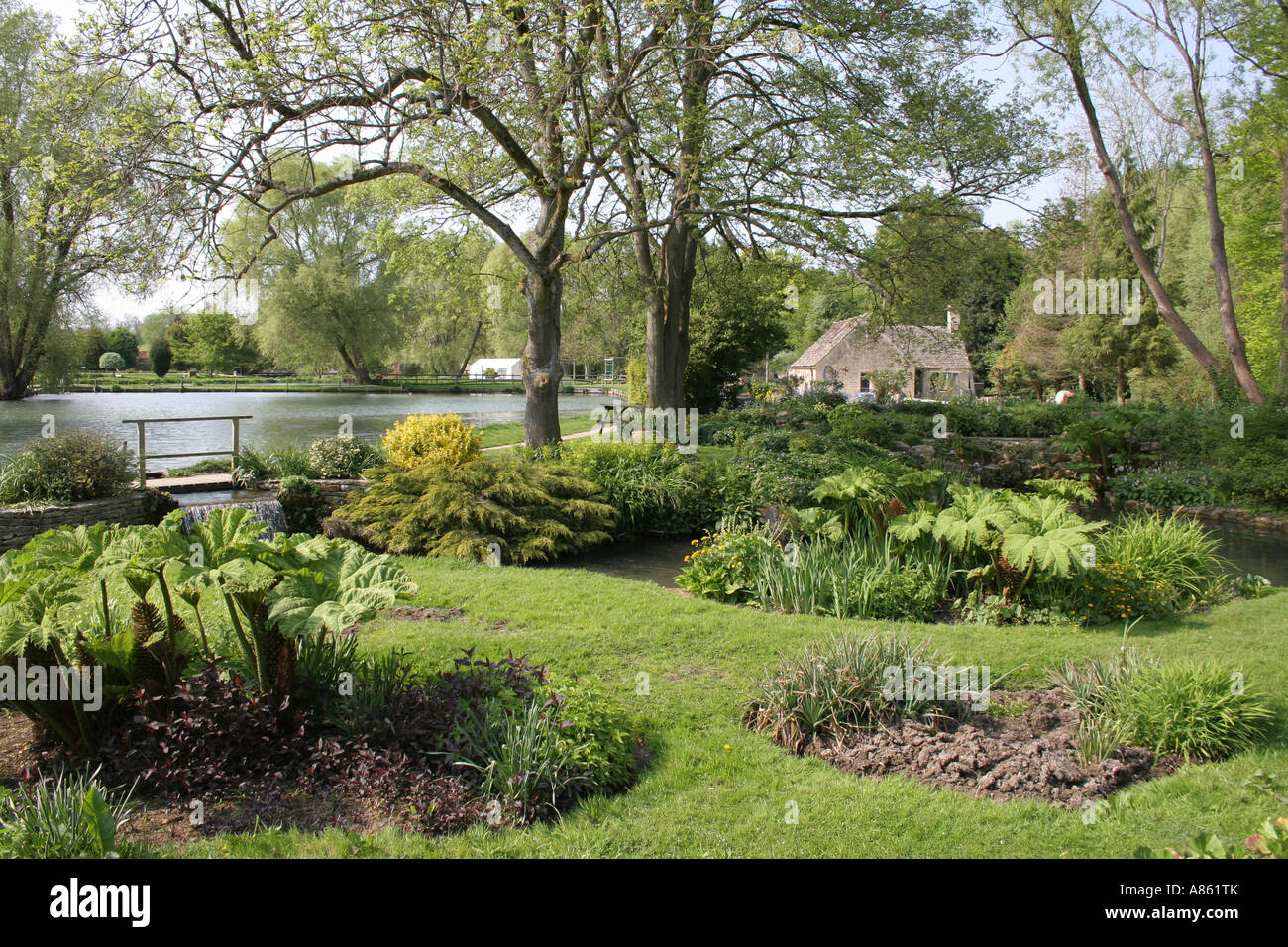The gardens of the Swan Inn Bibury in Gloucestershire Stock Photo - Alamy