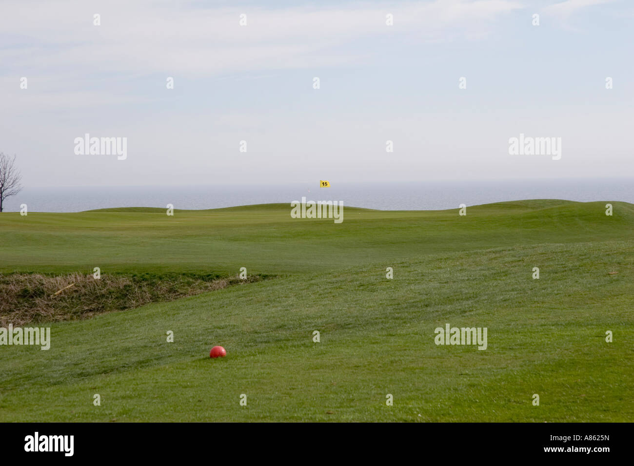 Par 3 on golf course - view from tee off to putting green Stock Photo ...