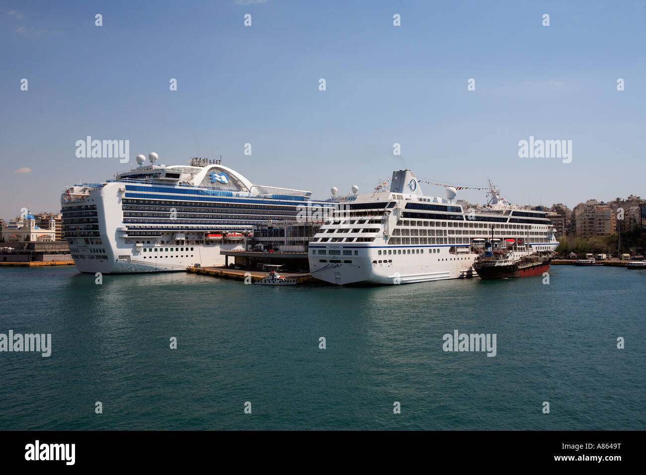 GREECE ATTICA ATHENS PIRAEUS HARBOUR TWO CRUISE BOATS DOCKED AT THE ...