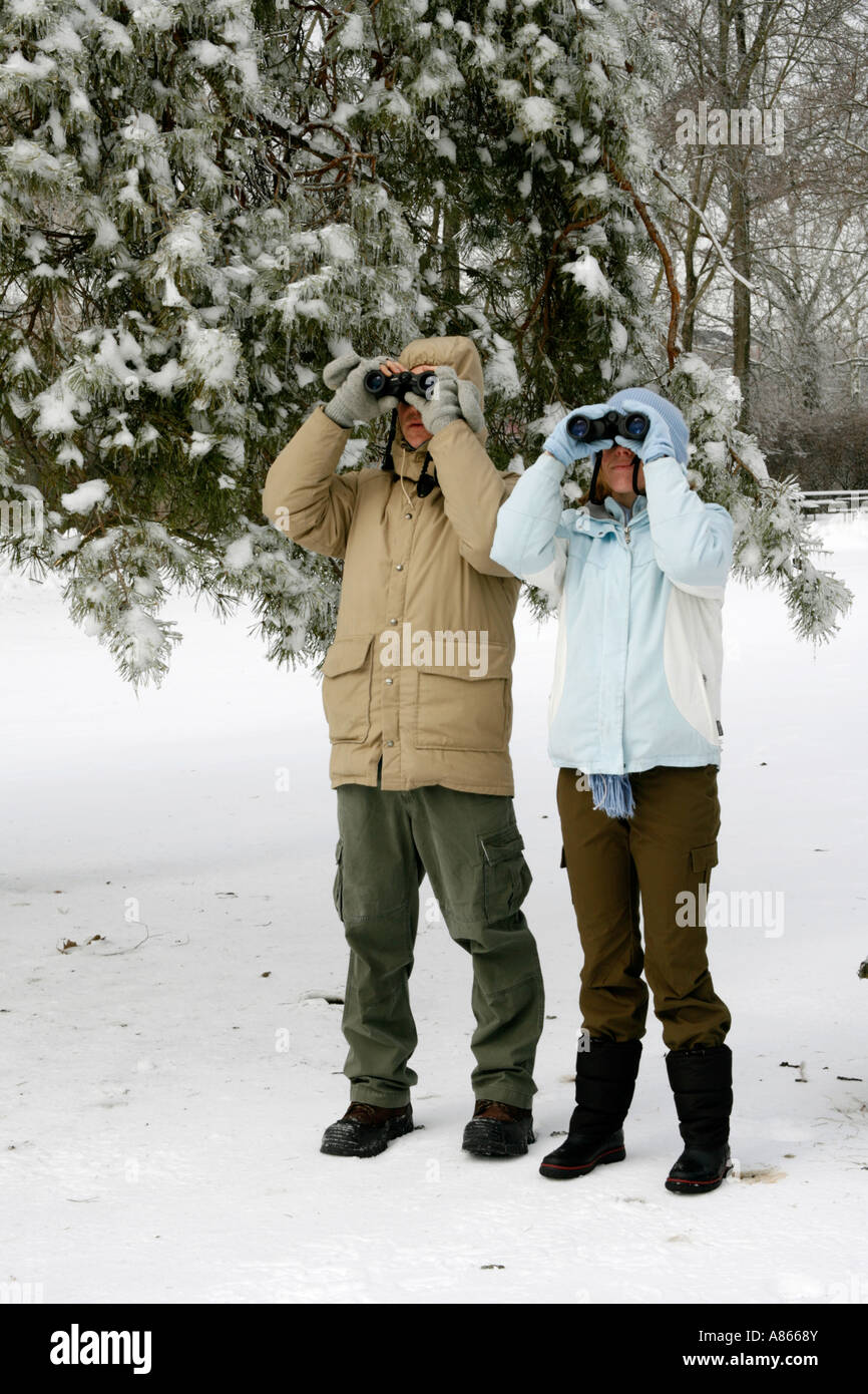 Winter Birdwatchers with Binoculars in Snow - Vertical Stock Photo - Alamy