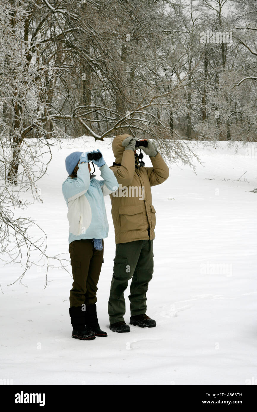 Birdwatching Couple using Binoculars in Winter - Vertical Stock Photo ...