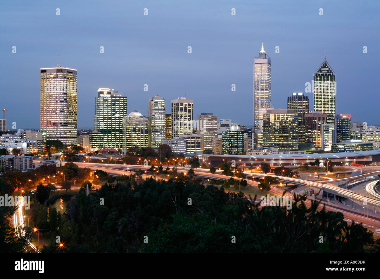 Perth city skyline, Western Australia, at dusk from Kings Park showing ...